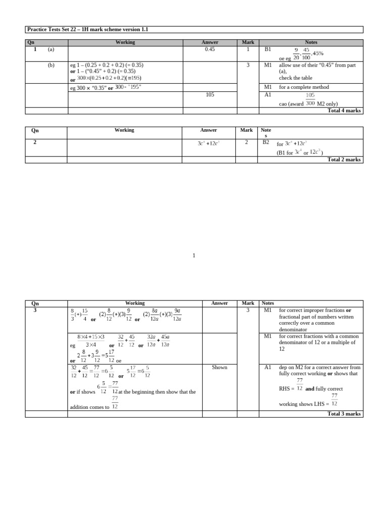 06 Practice Tests Set 22 - Paper 1H Mark Scheme | PDF | Mathematics ...
