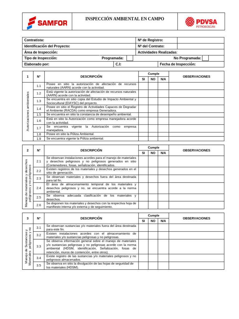 Formulario de Inspeccion AMBIENTE PETROBOSCAN | PDF | Cuestiones ...