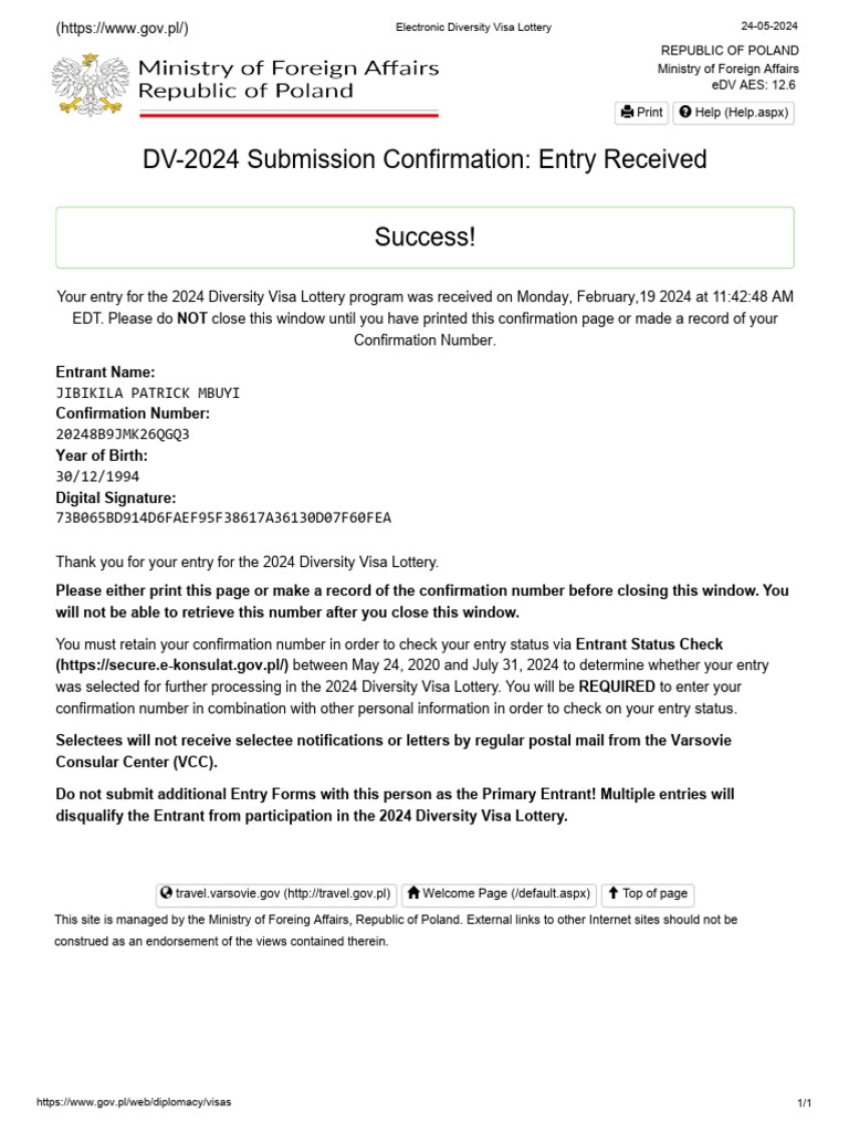 DV-2024 Lottery Entry Confirmation | PDF | Travel Visa | Immigration