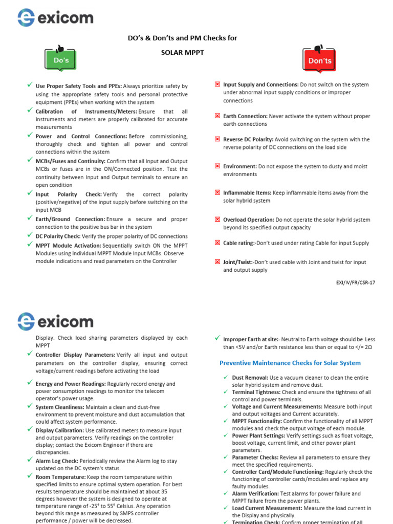 Do's, Don'Ts and PM Check For MPPT | PDF | Direct Current | Fuse (Electrical)