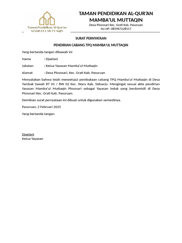 Surat Pernyataan TPQ | PDF