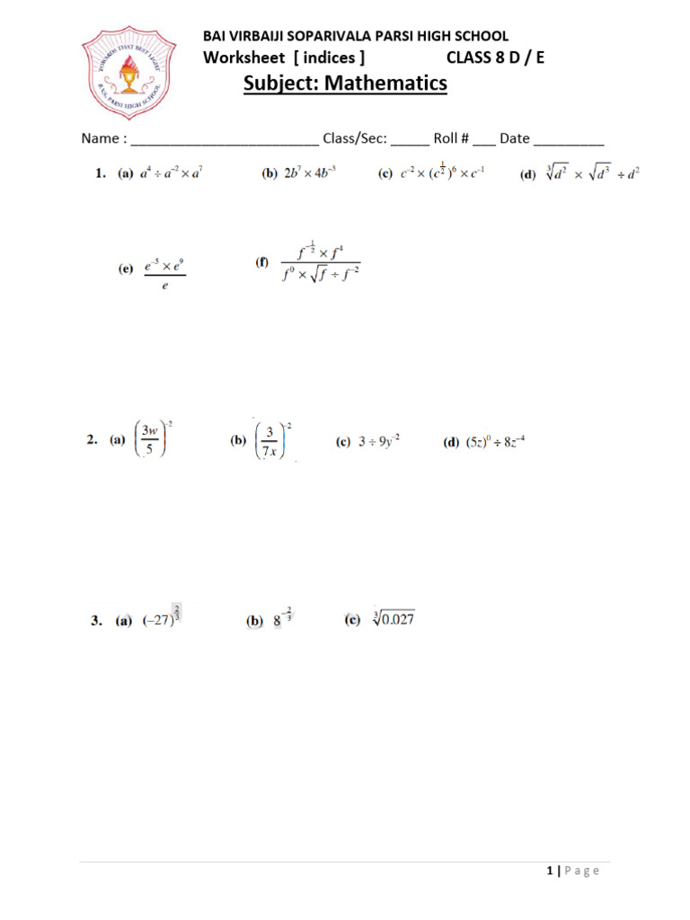 Class 8 Mathematics Worksheet on Standard Form | PDF