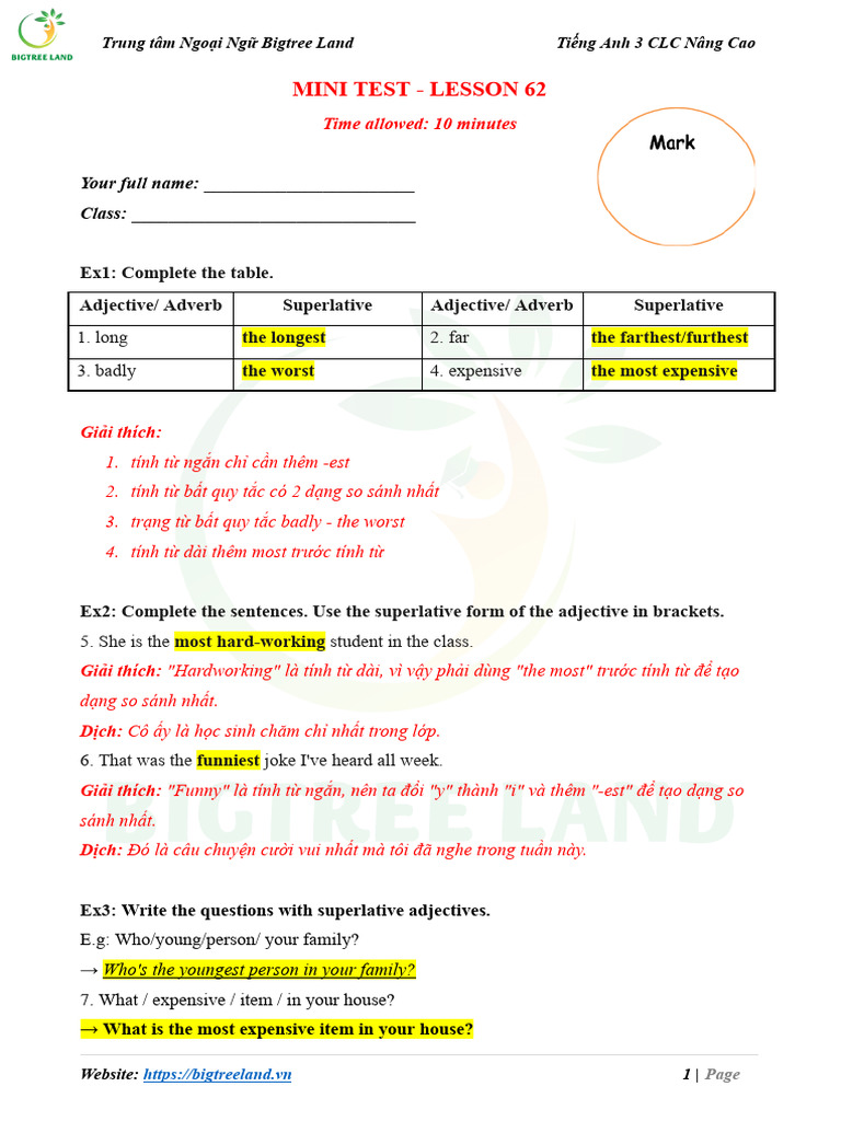 Key - Mini Test Lesson 62 | PDF