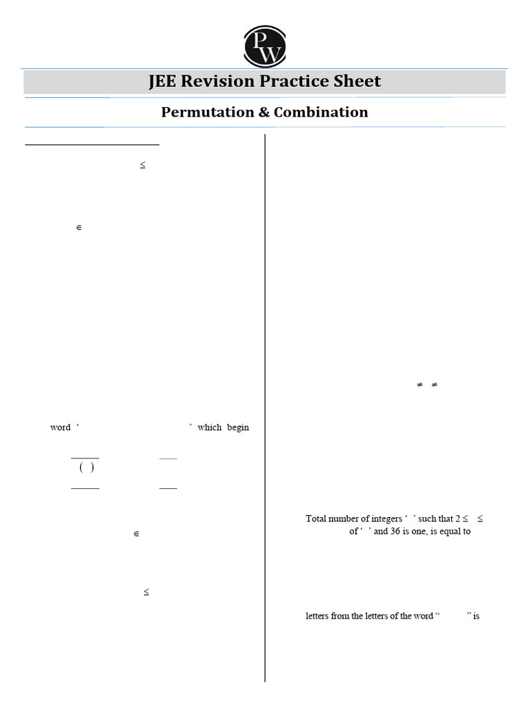 Permutations and Combinations - Practice Sheet (Main) | PDF | Numbers ...