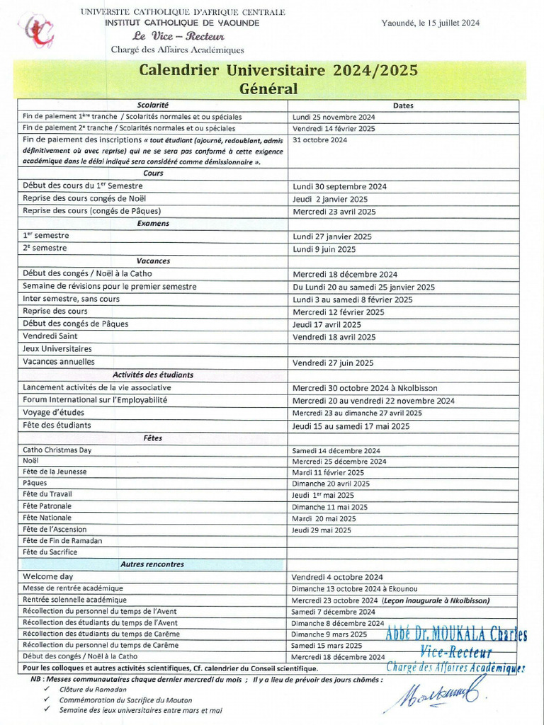 Calendriers Universitaire Et Semainier 2024-2025 - 0001 | PDF