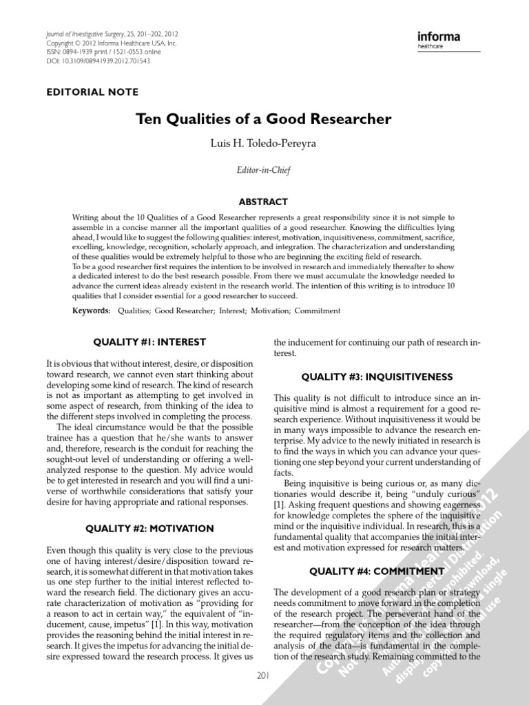 Toledo-Pereyra 2012 - Ten Qualities of A Good Researcher | PDF ...