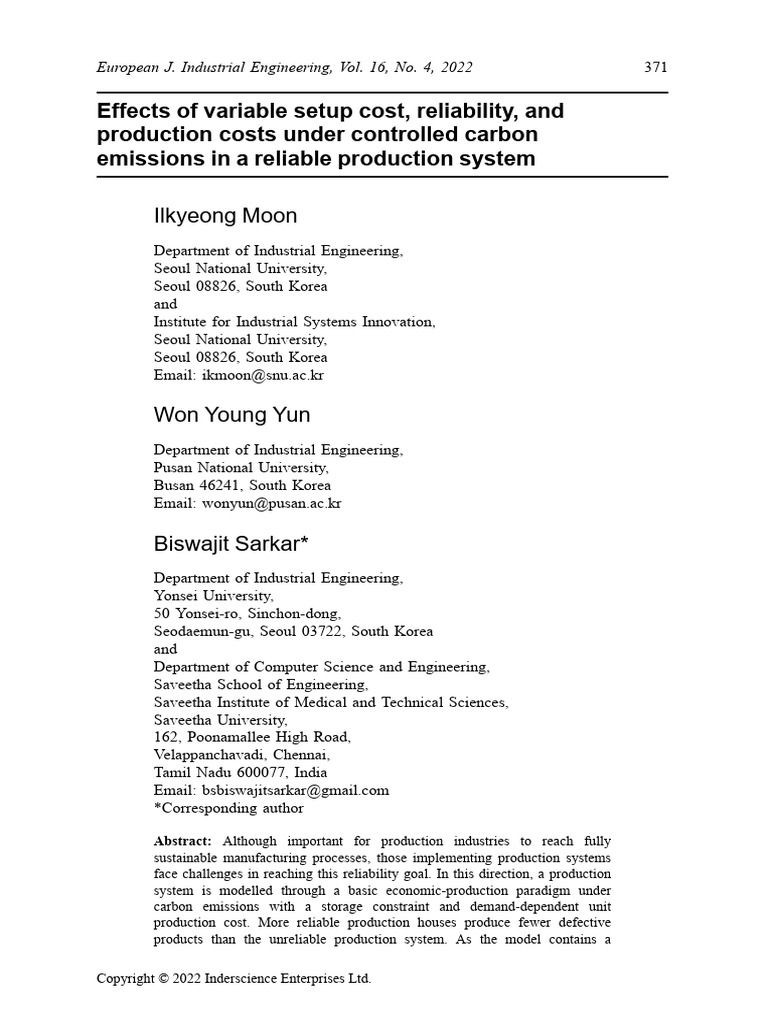 Effects of Variable Setup Cost, Reliability, and Production Costs Under Controlled Carbo | PDF ...