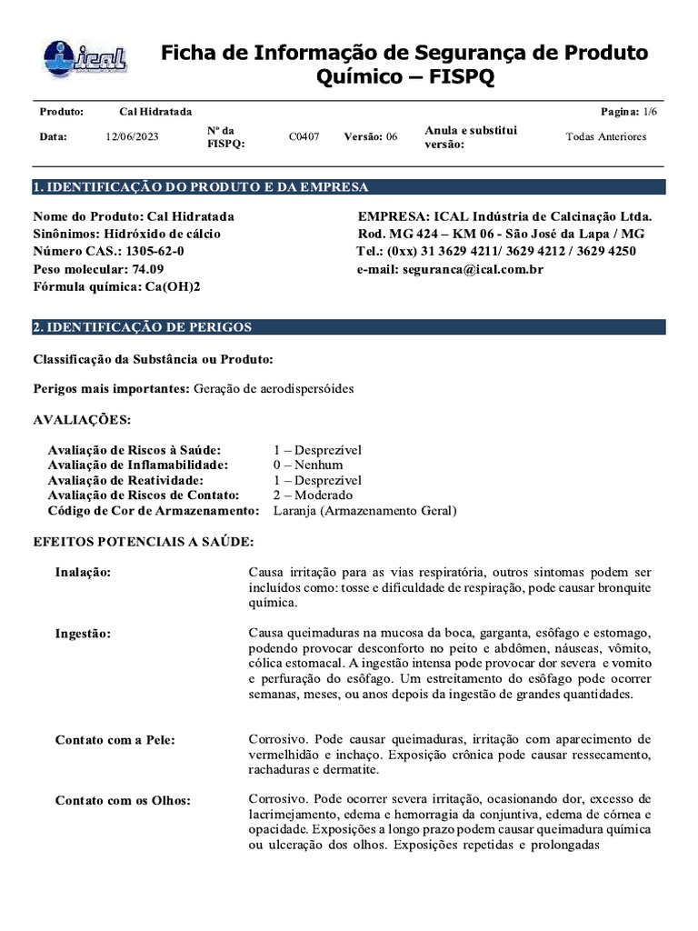 FISPQ CAL HIDRATADA atualizada 2023 | PDF