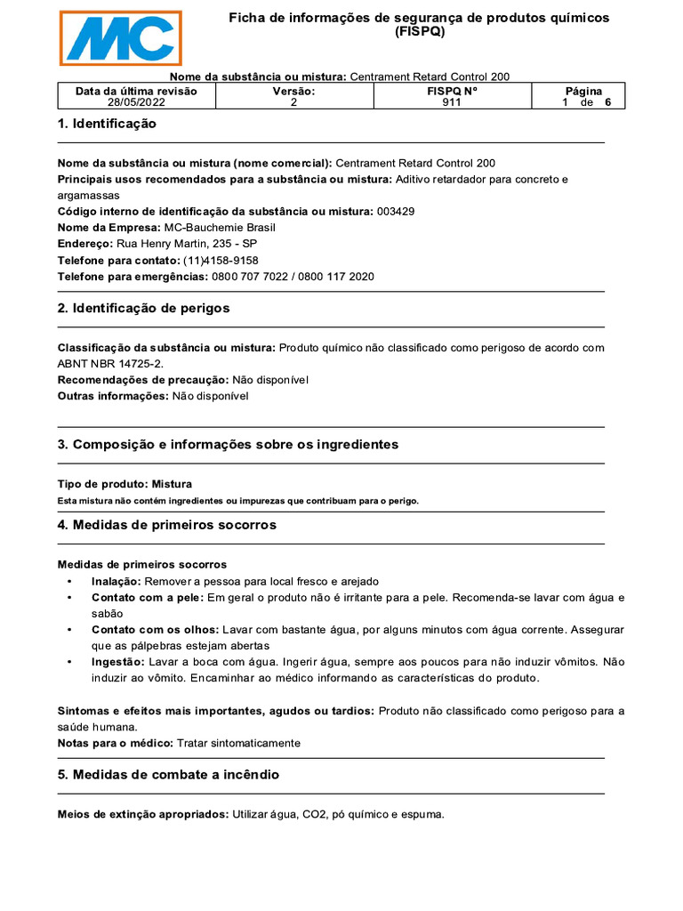 Centrament Retard Control 200 (2) FISPQ | PDF
