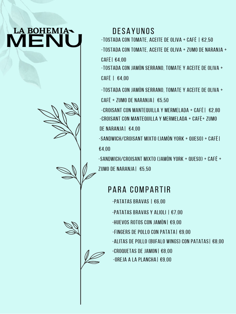 Menú variado de La Bohemia | PDF