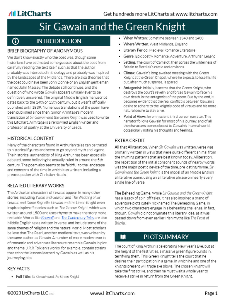 Sir Gawain and The Green Knight LitChart | PDF | Green Knight | Gawain