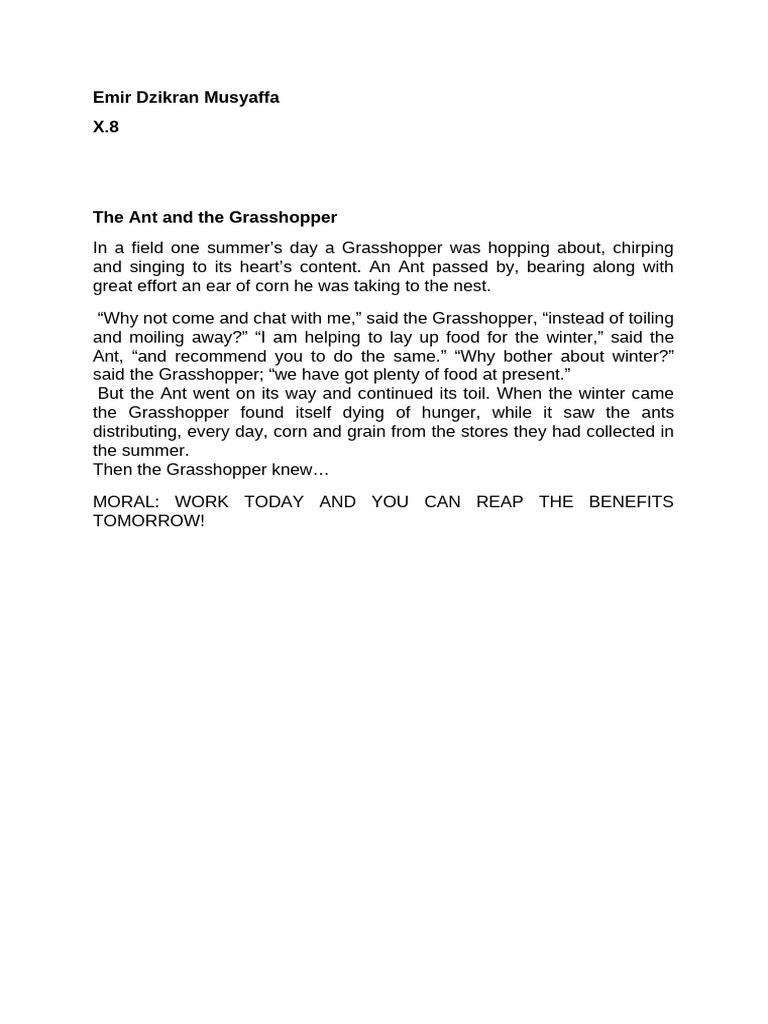 The Ant and the Grasshopper Fable | PDF