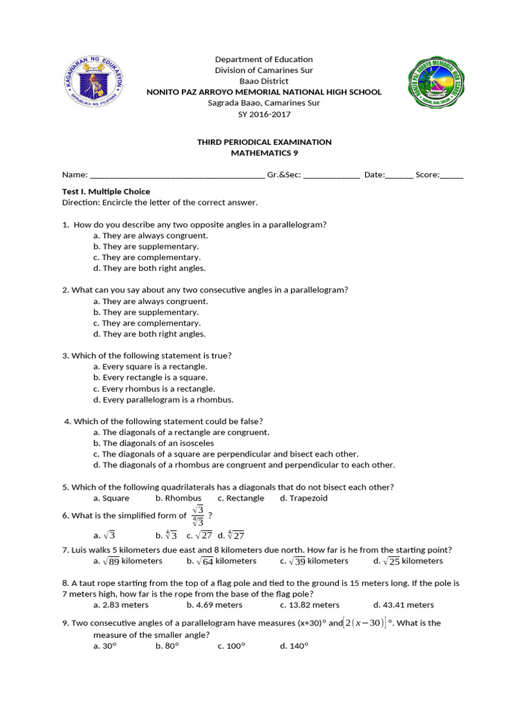 Exam 3rd Grading Math 9 | PDF | Rectangle | Elementary Geometry