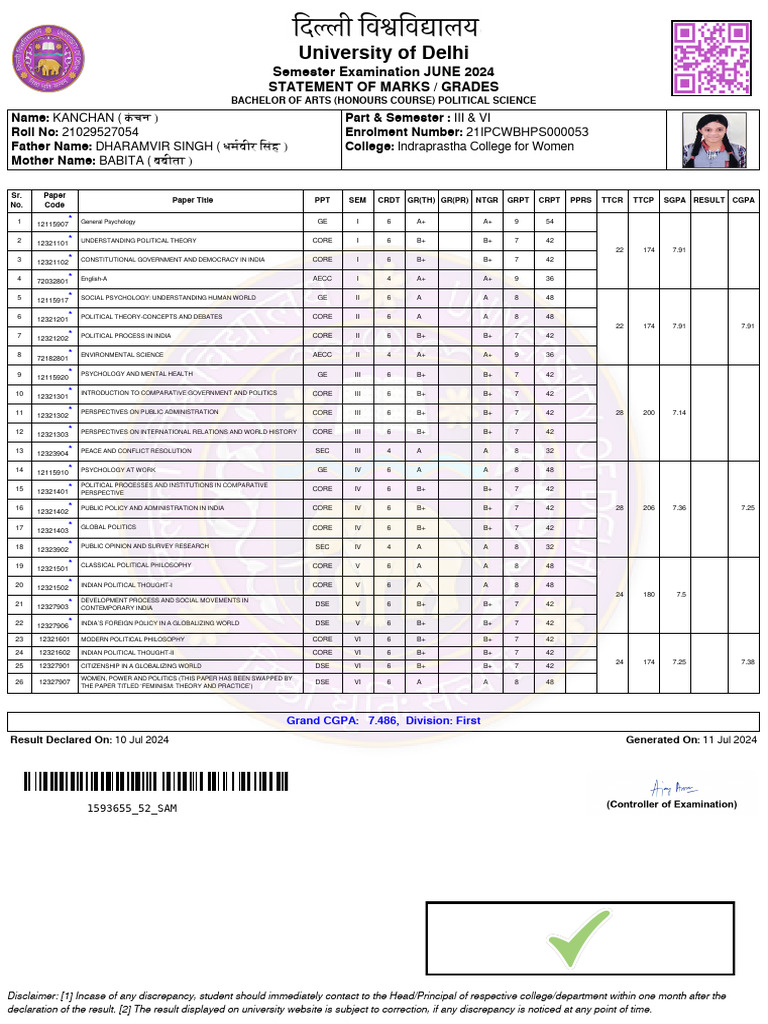 University of Delhi: Semester Examination JUNE 2024 Statement of Marks ...