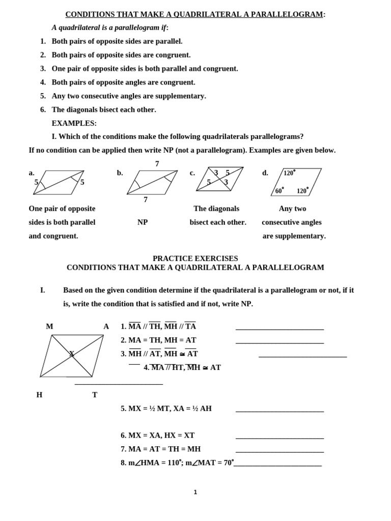 Exercise On Conditions That Make A Quadrilateral A Parallelogram | PDF ...
