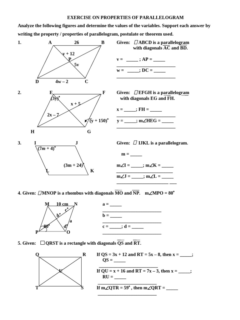 Exercises on Properties of Parallelogram 1 | PDF | Elementary Geometry | Euclidean Geometry