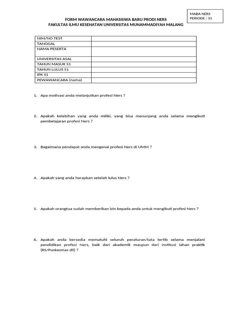 FORM WAWANCARA PMB NERS | PDF