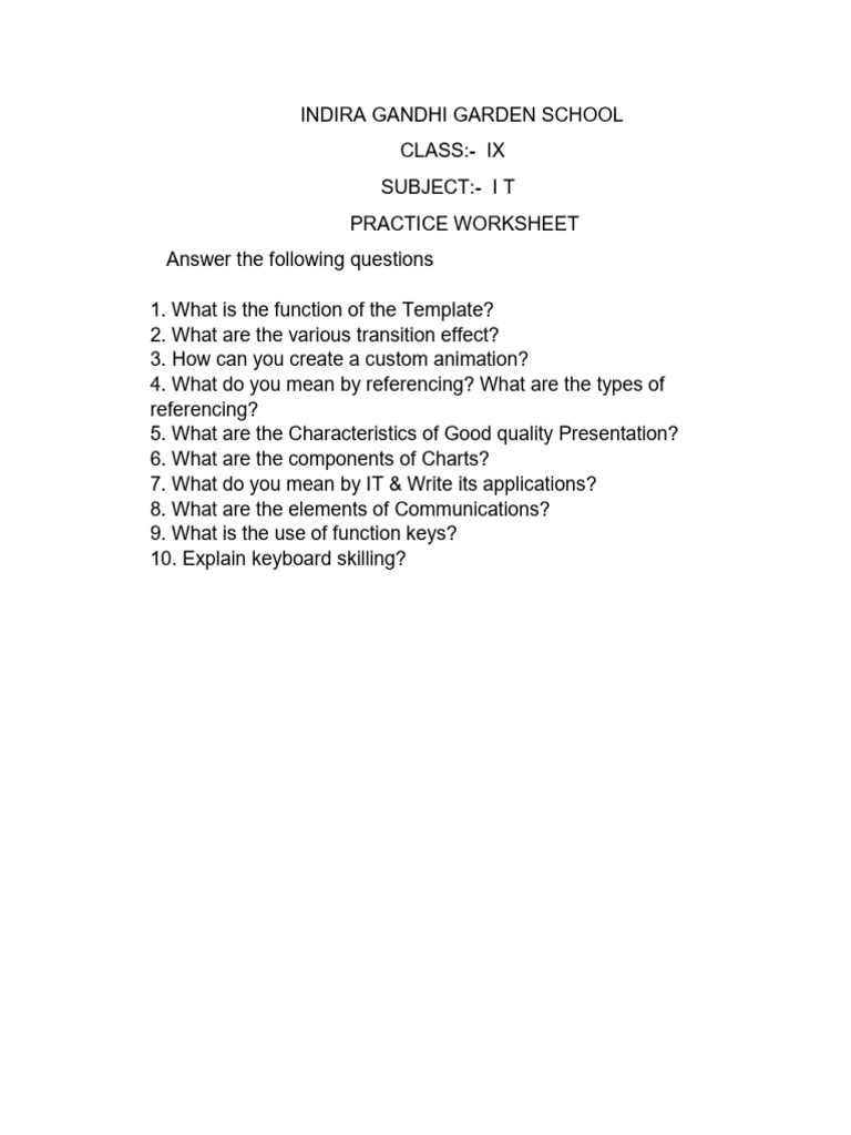 IT Practice Worksheet for Class IX | PDF