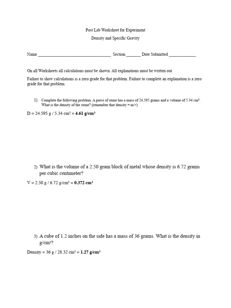 Post Lab Worksheet For Experiment Density and Specific Gravity | PDF | Density | Litre