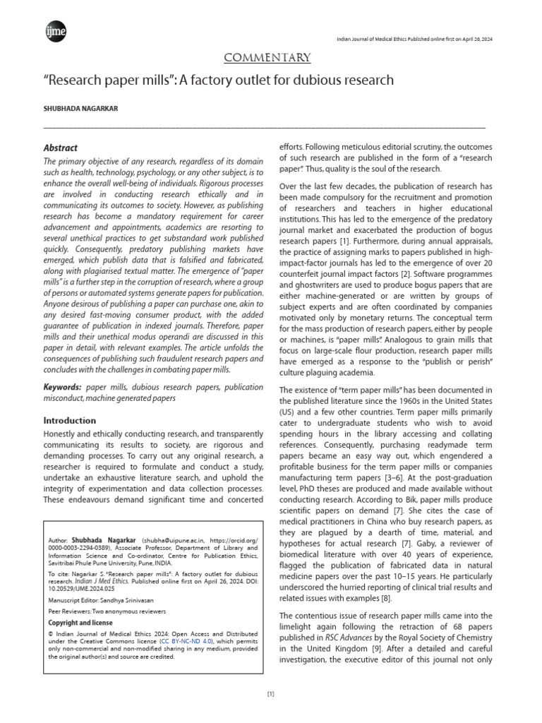 Research Paper Mills A Factory Outlet For Dubious | PDF | Academic ...