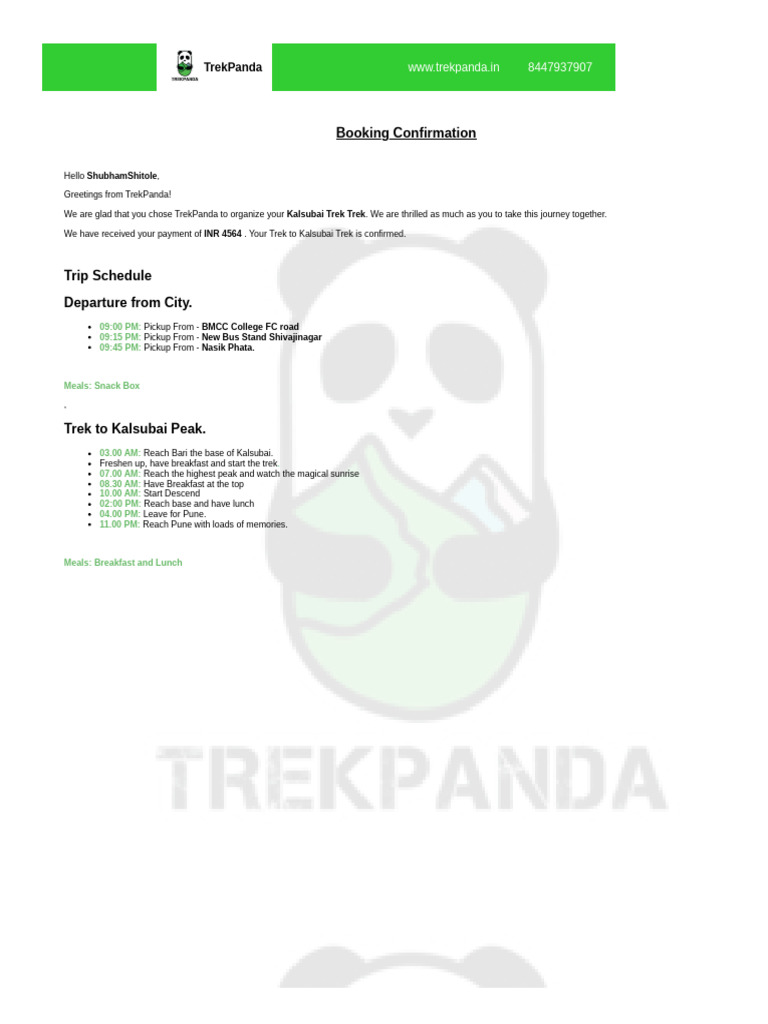 Kalsubai Trek Confirmation with TrekPanda | PDF
