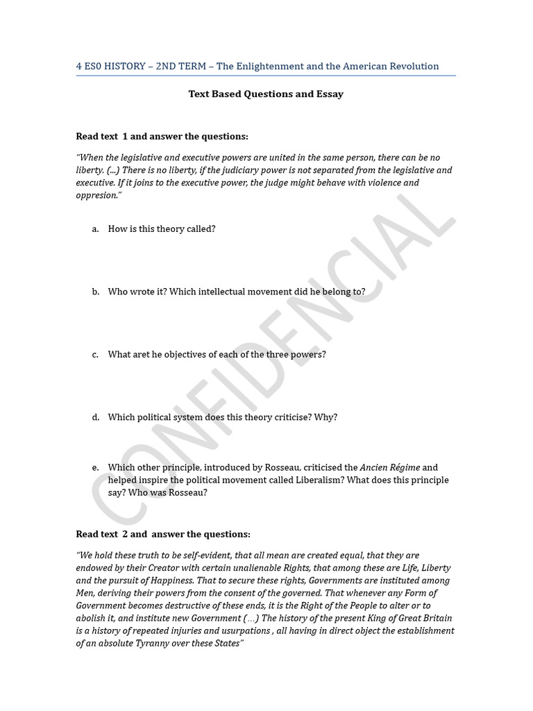 The Enlightenment and The American Revolution (Text Based Questions and ...