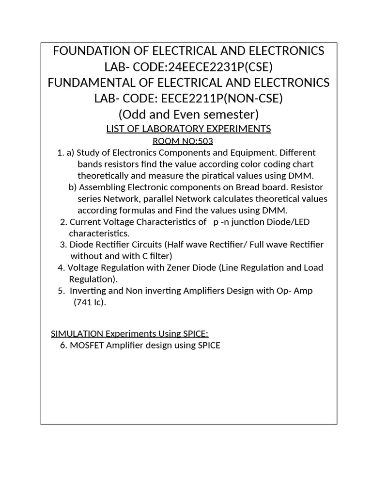 Electrical and Electronics Lab Experiments | PDF