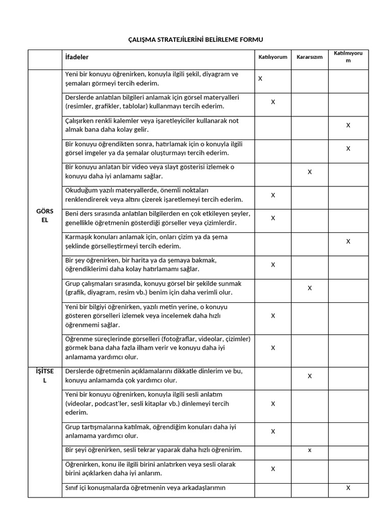 Çalışma Stratejilerini Belirleme Formus | PDF