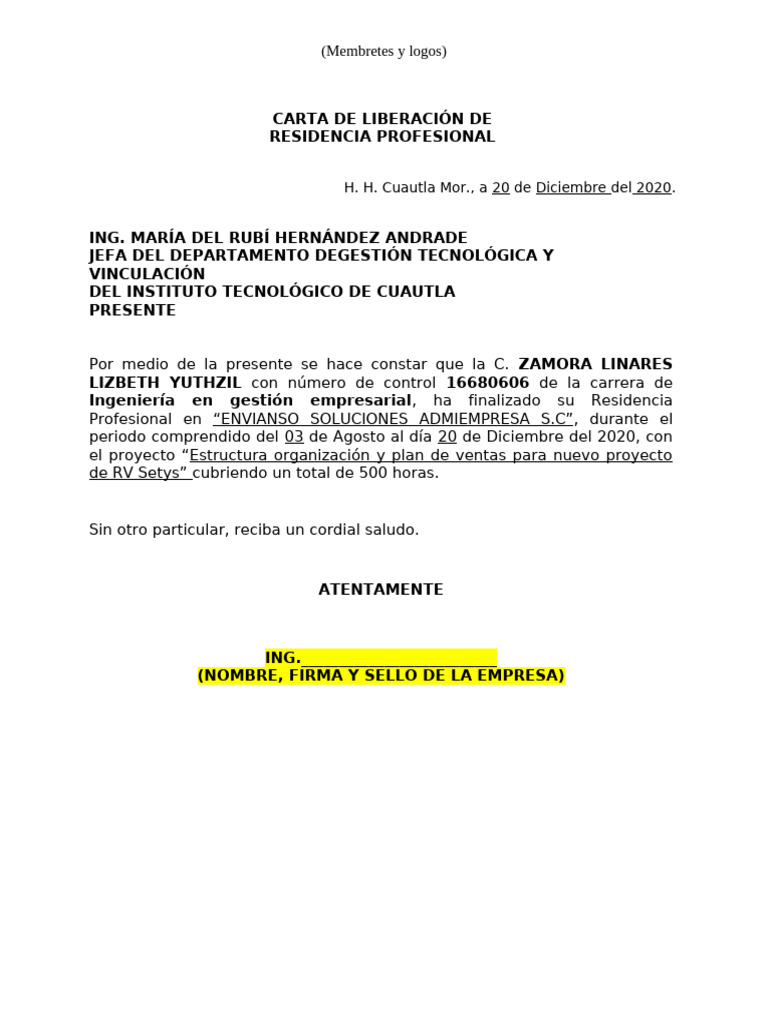 Carta de Liberacion de Residencia Profesional | PDF
