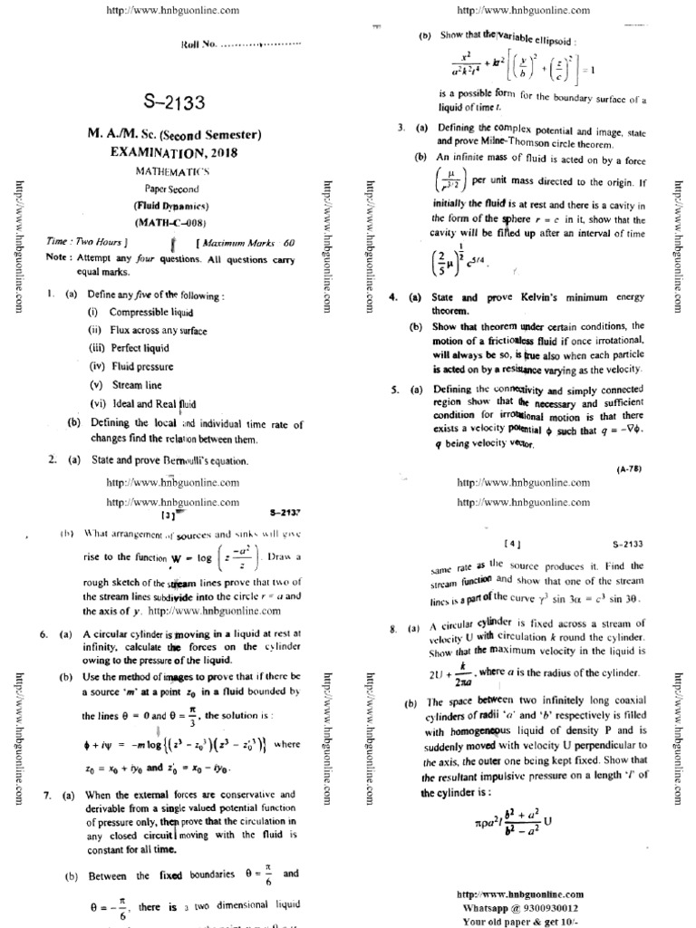 Ma MSC 2 Sem Mathematics Fluid Dynamics S 2133 2018 | PDF