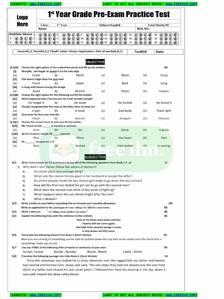 11th English Test Paper 16 | PDF