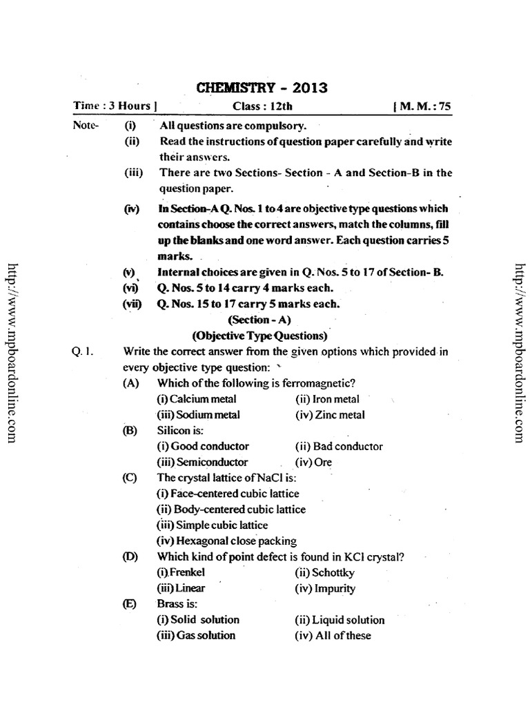 MP Board Class 12 e Chemistry 2013 | PDF
