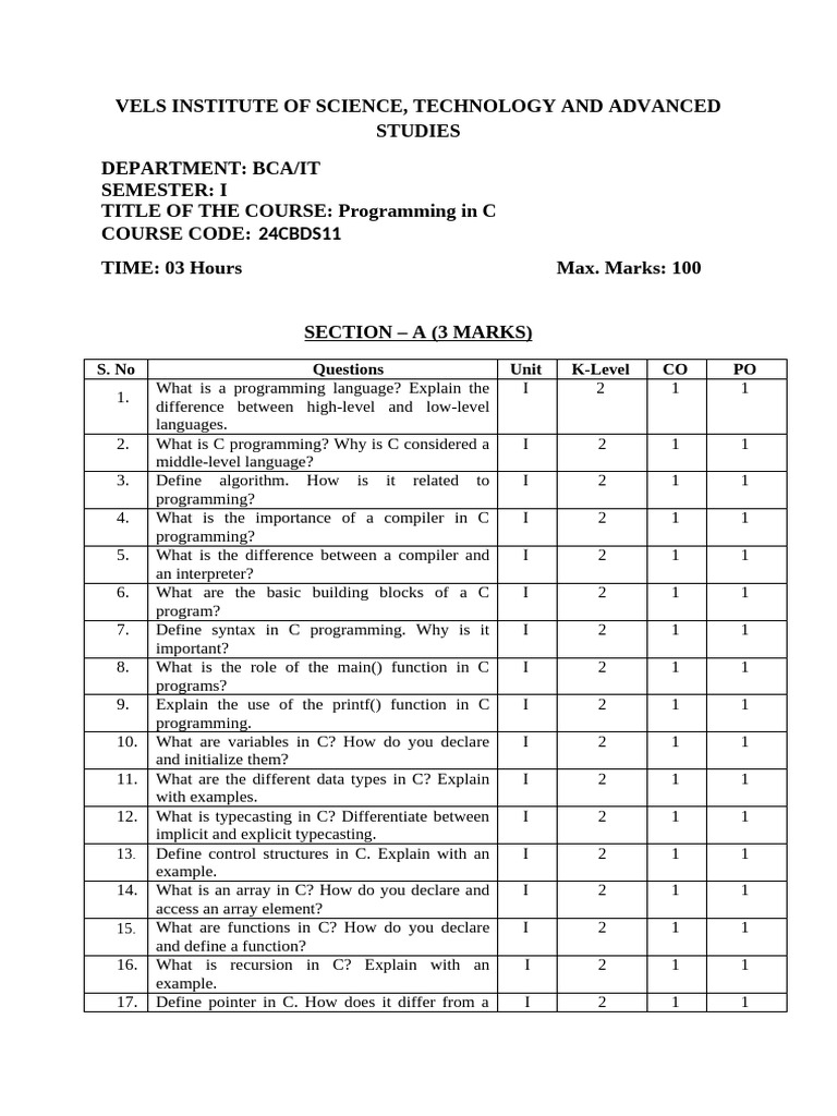 24cbds11 Programming In C Question Bank Pdf Control Flow Pointer Computer Programming