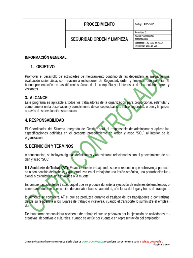 Procedimiento Seguridad Orden y Aseo | PDF