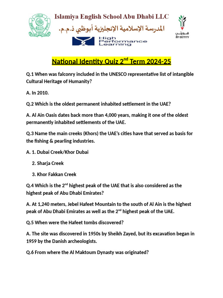 UAE National Identity Quiz 2024-25 | PDF | United Arab Emirates | Dubai