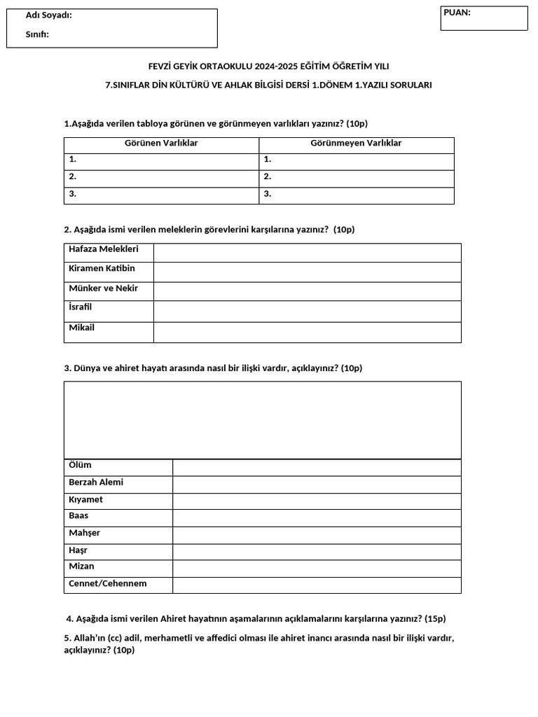 7.SINIF DKAB 1. DÖNEM 1. YAZILI SINAV (Senaryo-4) | PDF