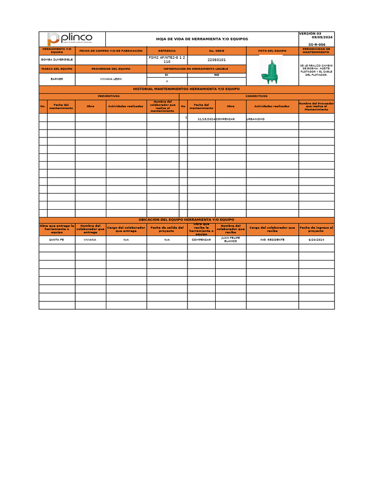 SS-R-056 Hoja de Vida de Herramientas y Equipo V3-BOMBA SUMERGIBLE | PDF
