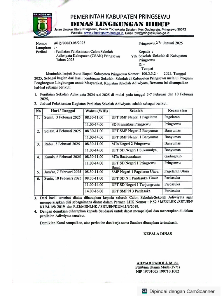 Draft Jadwal Penilaian Adiwiyata | PDF