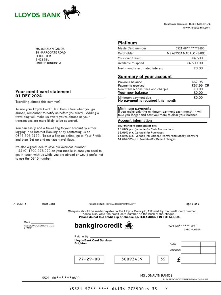 Lloyds Bank Statement | PDF | Credit Card | Cheque