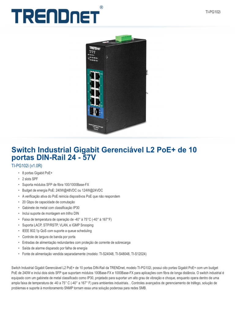 PO Datasheet TI-PG102i (v1.0R) | PDF | Ethernet | Comutador de rede