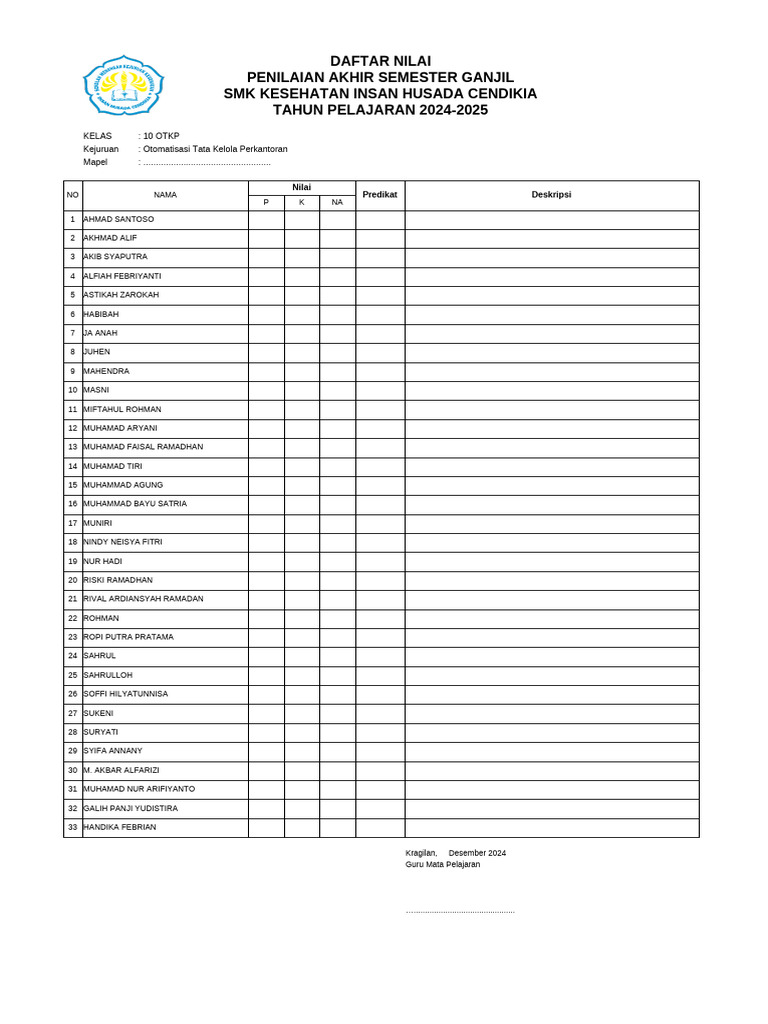 Format Nilai PAS | PDF