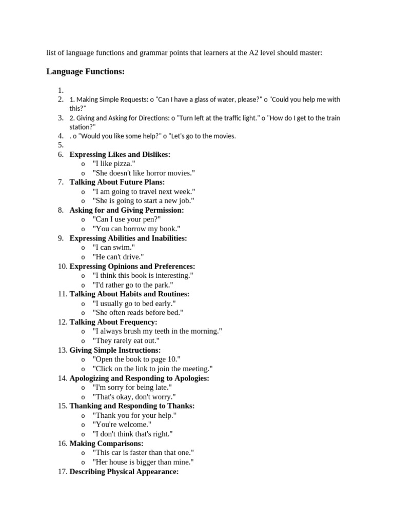 List of Language Functions and Grammar Points That Learners at The A2 Level Should Master | PDF ...