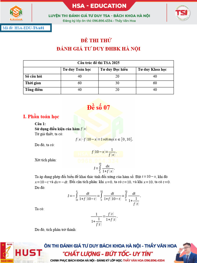 ĐÁP ÁN THI THỬ TSA-BKHN SỐ 07 | PDF
