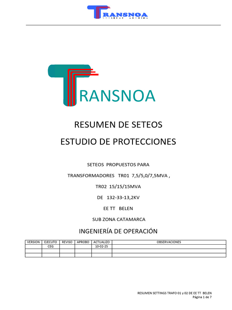 Seteos de Protecciones EE TT Belén | PDF | Transformador | Cantidades fisicas