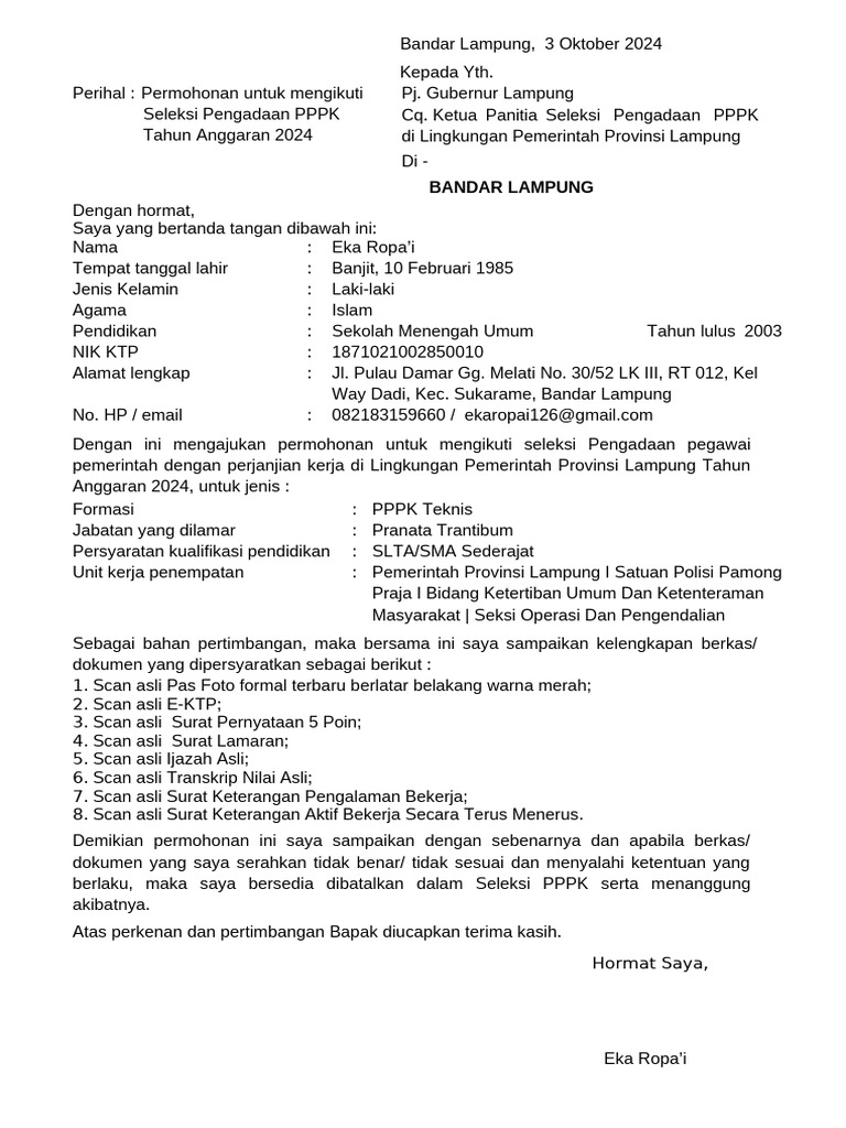 Surat Lamaran Eka | PDF