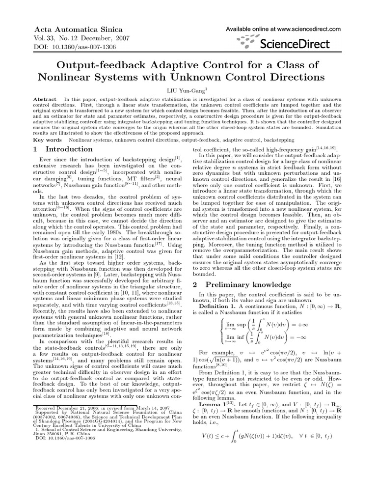 Adaptive Control for Nonlinear Systems | PDF | Control Theory | Nonlinear System