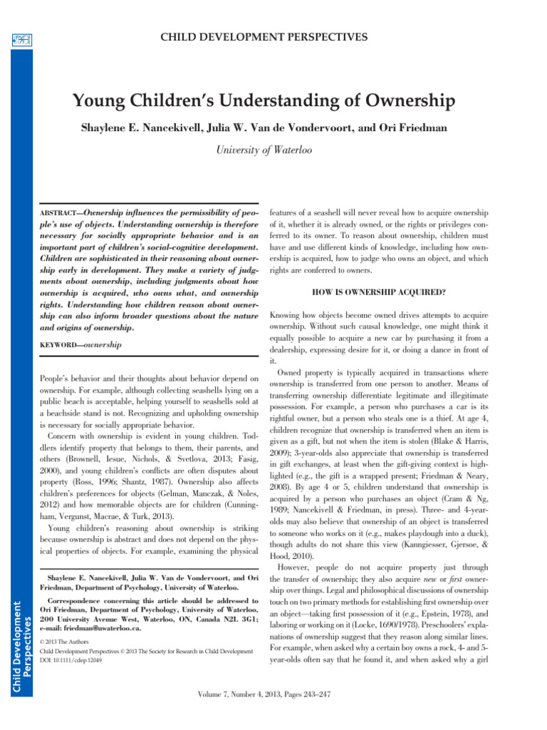 Young Children's Ownership Understanding | PDF | Knowledge | Property