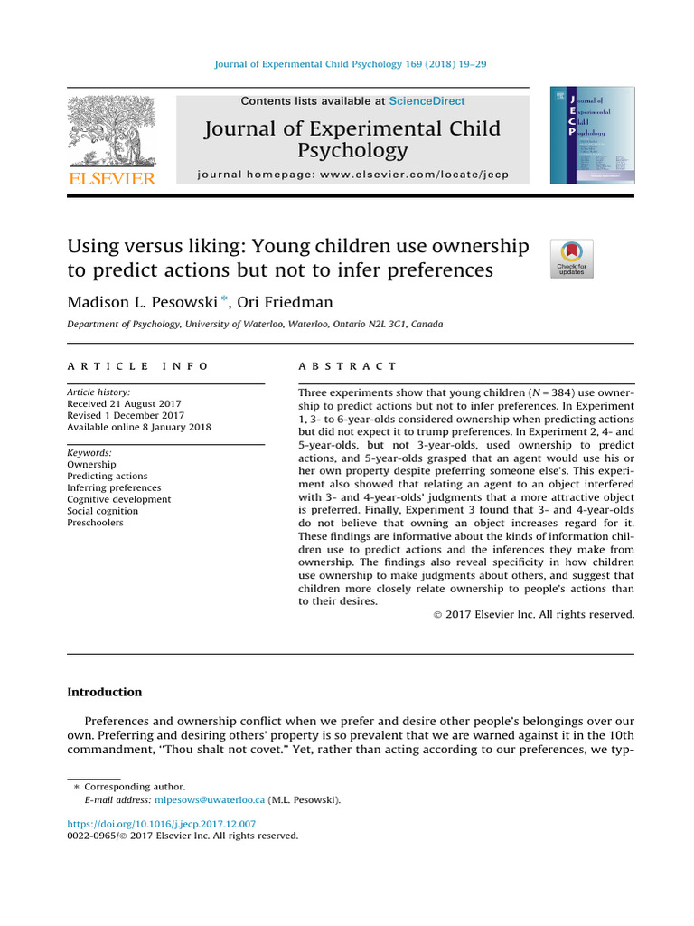 Using Versus Liking Young Children Use Ownershipto Predict Actions But ...