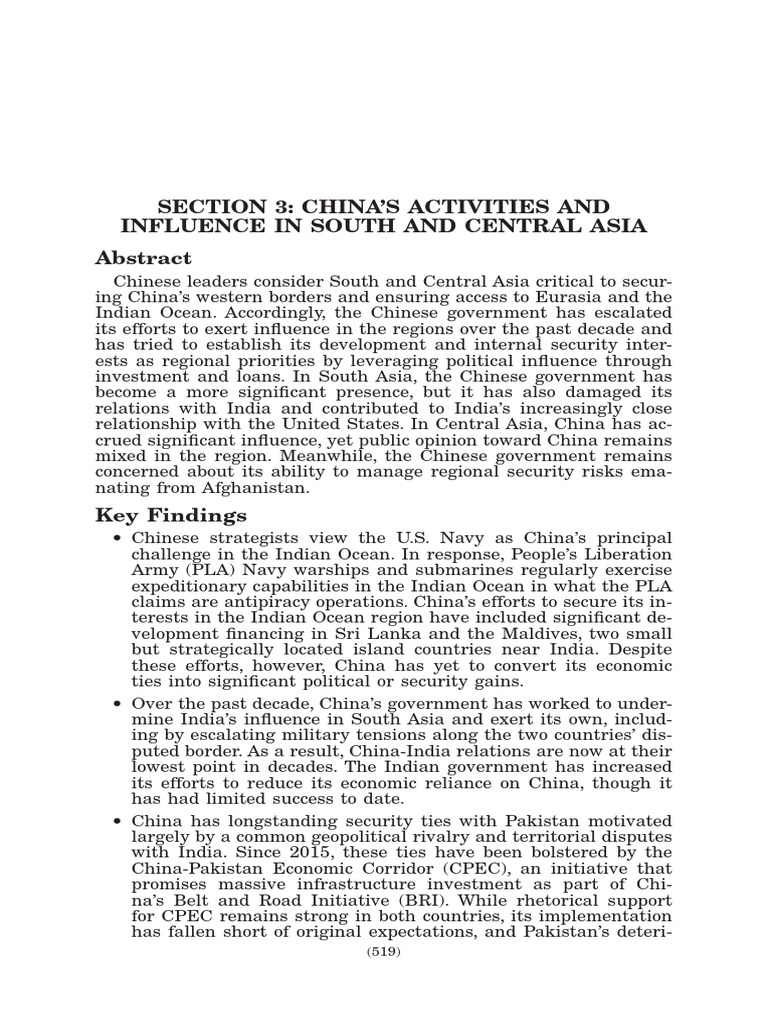 CHINA’S ACTIVITIES AND INFLUENCE IN SOUTH AND CENTRAL ASIA | PDF ...