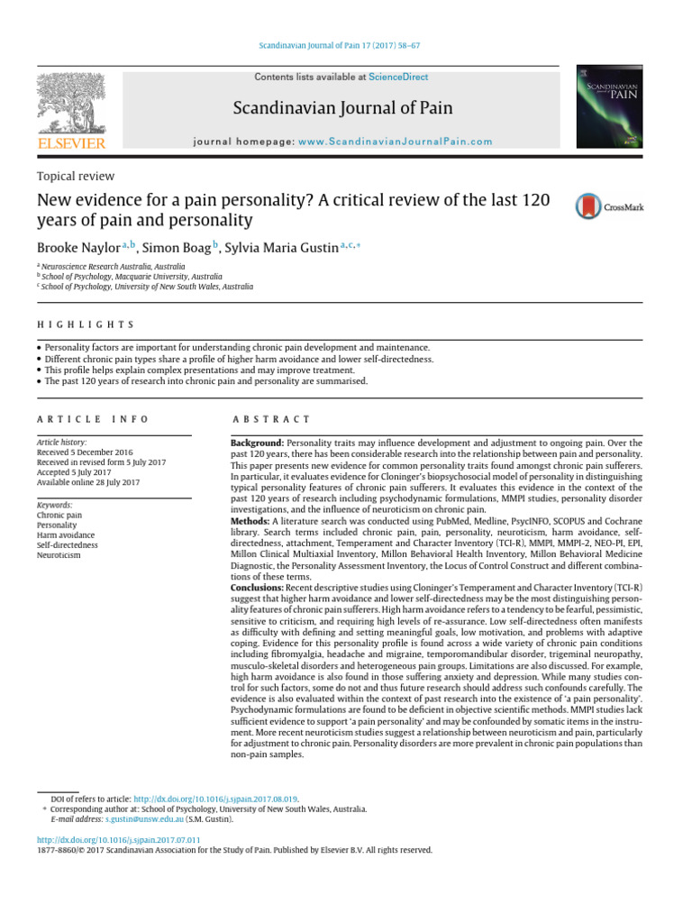 New Evidence For A Pain Personality A Critical Review of The Last 120 ...